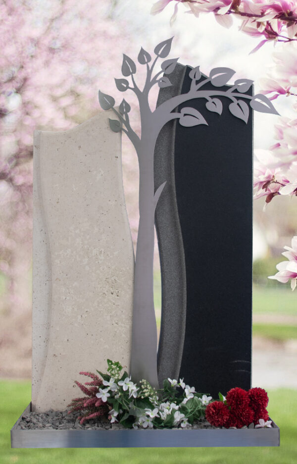 Grabstein mit Baum Ornament aus Basalt und Kalkstein