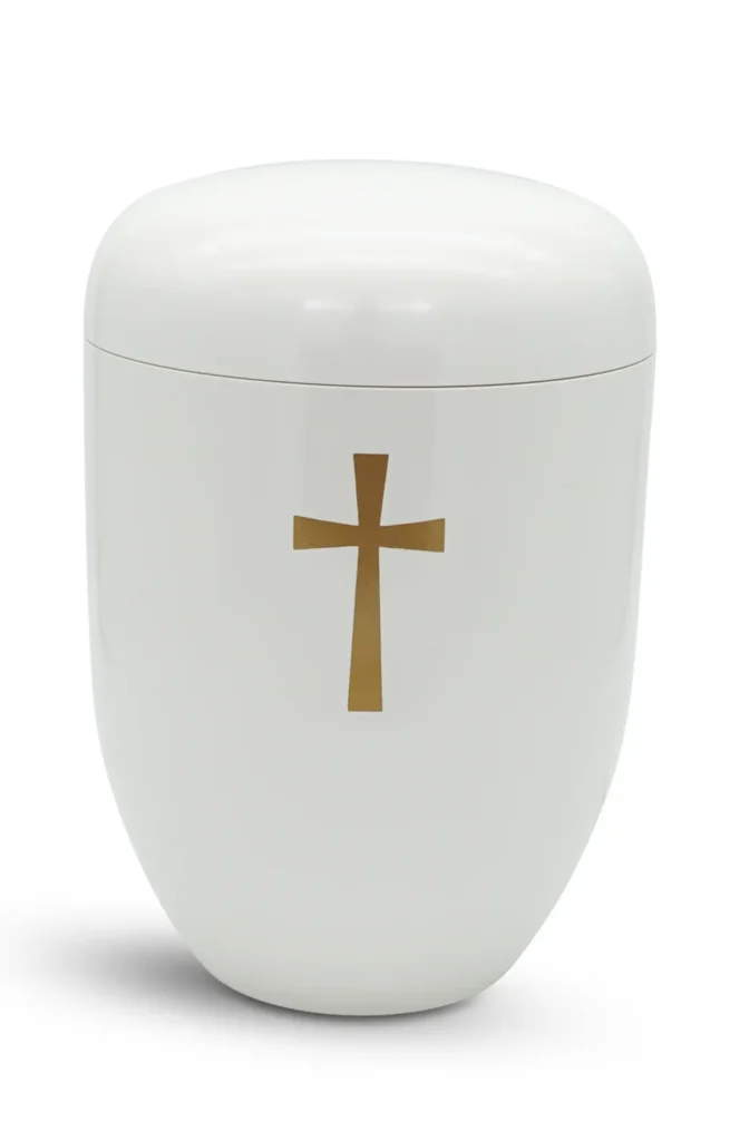 Bio Urne mit goldenem Kreuz - Religiöse Urne im modernem Design